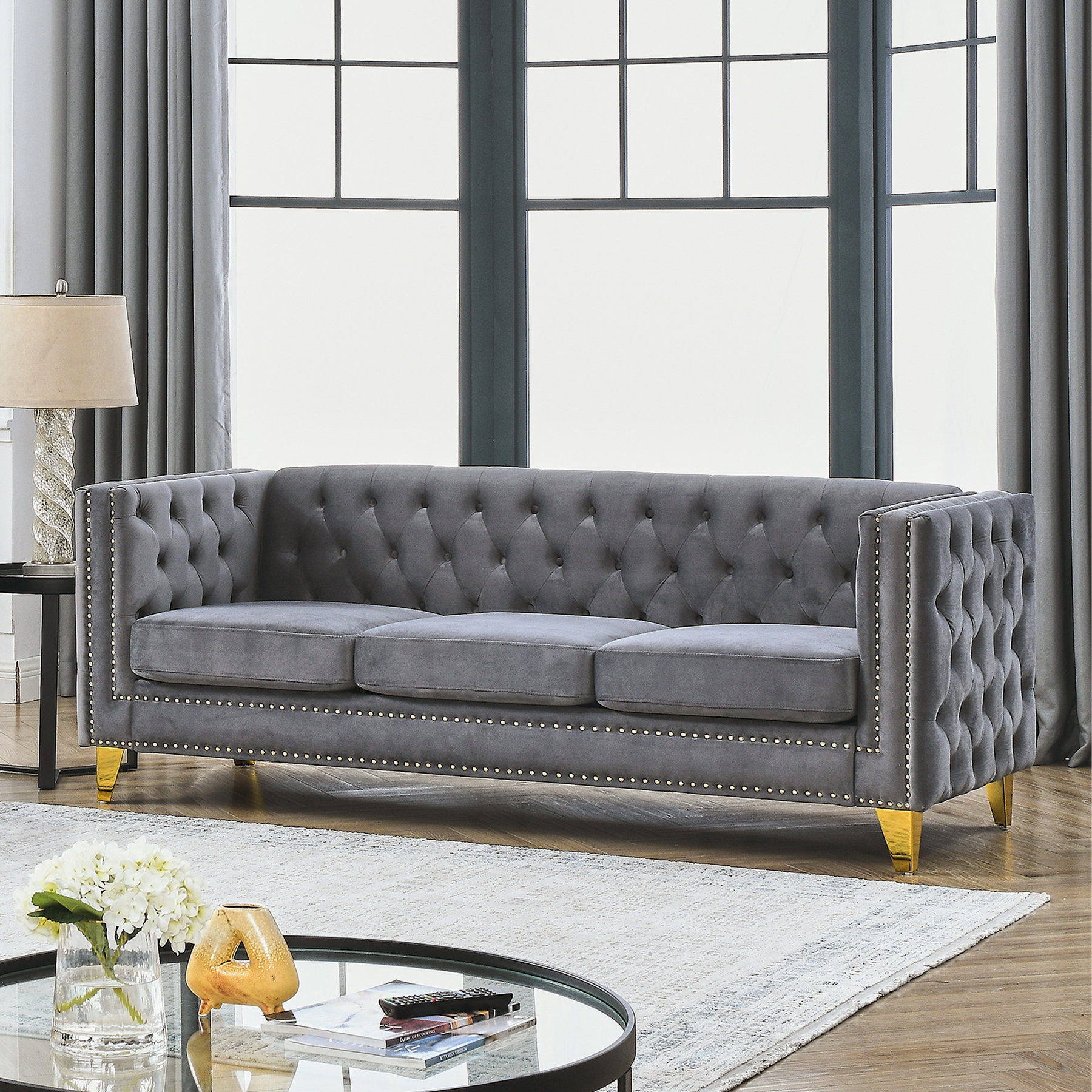 Mercer41 {Contact us for 3D modeling} Velvet Sofa for Living Room,Buttons Tufted Square Arm ...